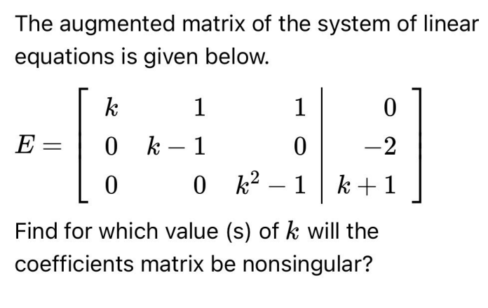 Solved The augmented matrix of the system of linear | Chegg.com