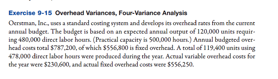 Solved Exercise 9-15 Overhead Variances, Four-Variance | Chegg.com