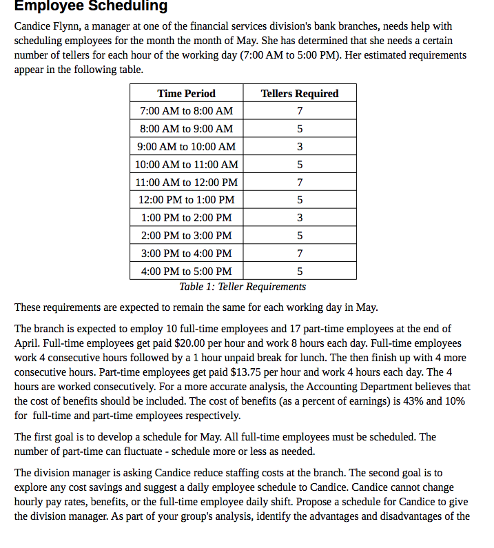 Solved Employee Scheduling Candice Flynn, a manager at one | Chegg.com