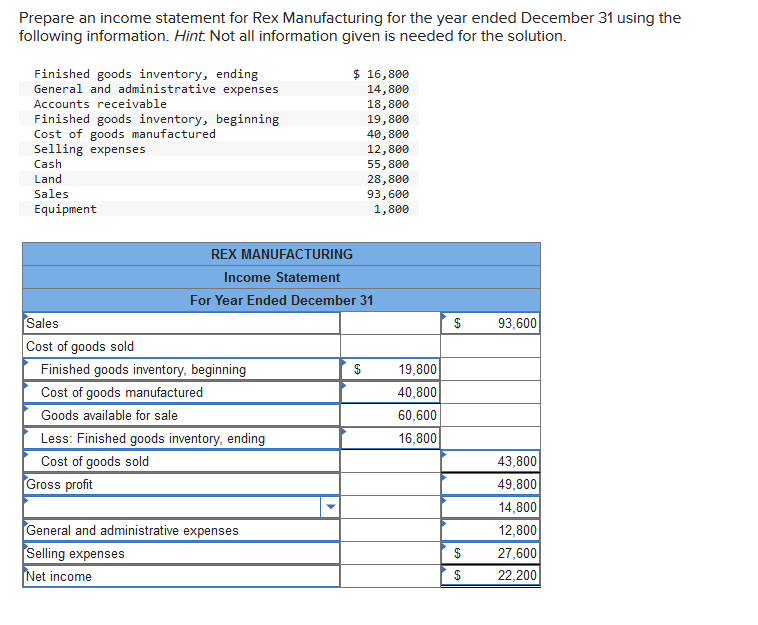 Solved Prepare an income statement for Rex Manufacturing for | Chegg.com