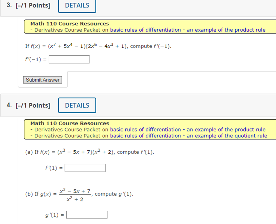Solved Math 110 Course Resources - Derivatives Course Packet | Chegg.com