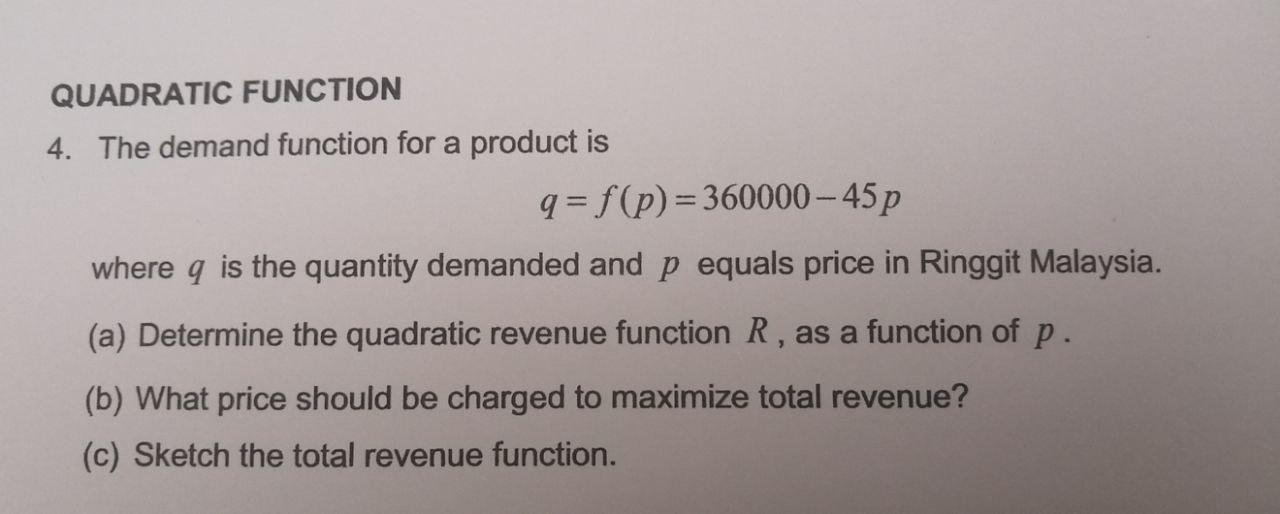 Solved QUADRATIC FUNCTION 4. The demand function for a | Chegg.com