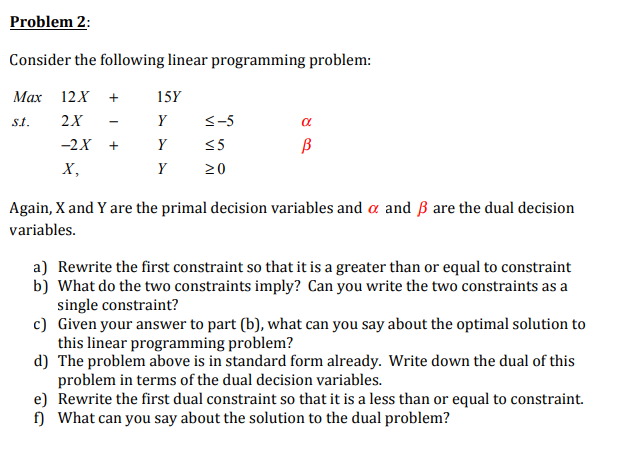 Solved Problem 2: Consider the following linear programming | Chegg.com