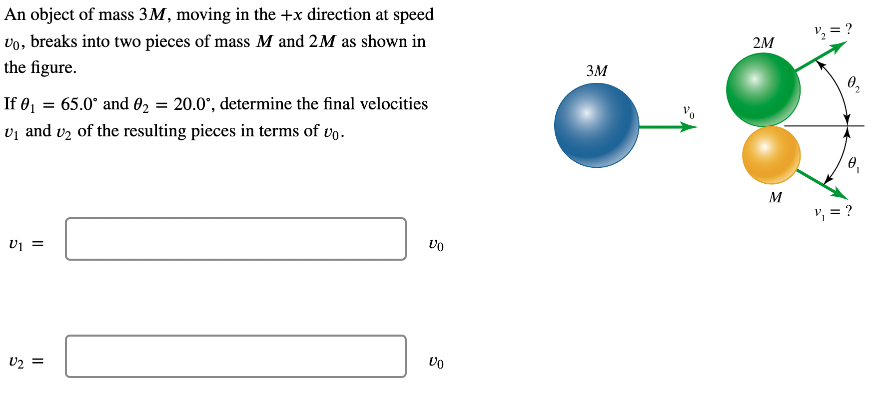 Solved An object of mass 3M, moving in the +x direction at | Chegg.com