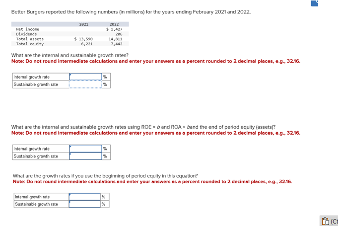 Solved Better Burgers reported the following numbers (in | Chegg.com