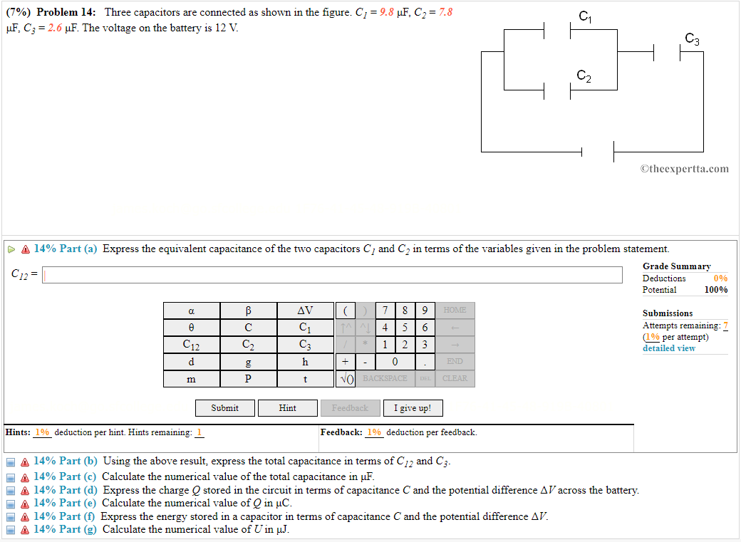 Solved (7\%) Problem 14: Three capacitors are connected as | Chegg.com