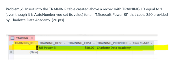 Solved Problem_6. Insert into the TRAINING table created | Chegg.com