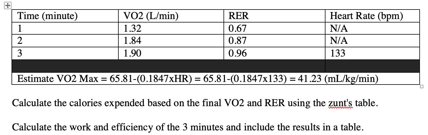 Solved Time (minute) 1 2 3 VO2 (L/min) 1.32 1.84 1.90 RER | Chegg.com