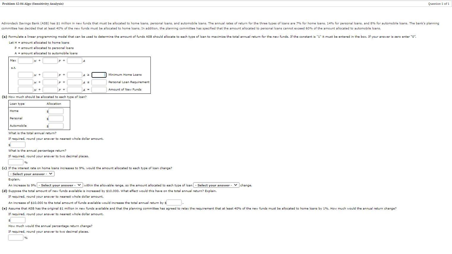 Problem 12-04 Algo (Sensitivity Analysis) Question 1 | Chegg.com