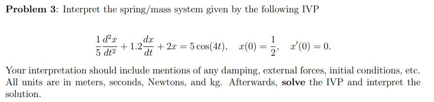 Solved Problem 3: Interpret the spring/mass system given by | Chegg.com