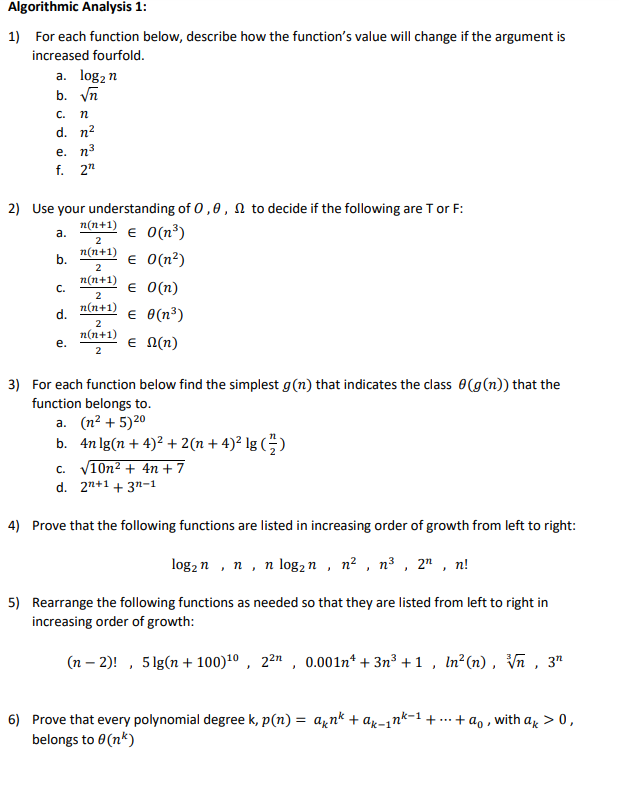 Solved Algorithmic Analysis 1: 1) For each function below, | Chegg.com