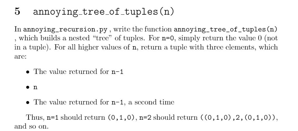 Solved 5 annoying_tree_of_tuples(n) In | Chegg.com