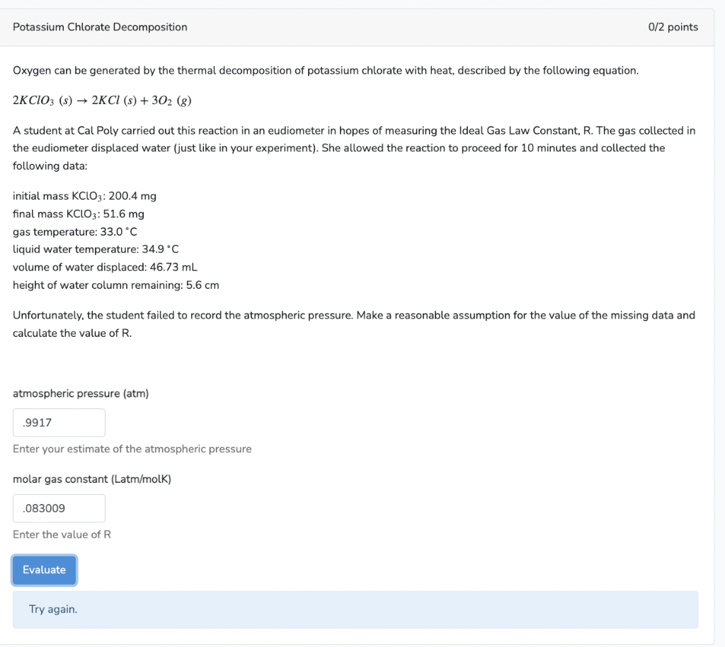 Solved Potassium Chlorate Decomposition 0/2 points Oxygen | Chegg.com