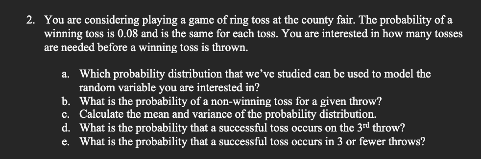 Solved 2. You are considering playing a game of ring toss at | Chegg.com