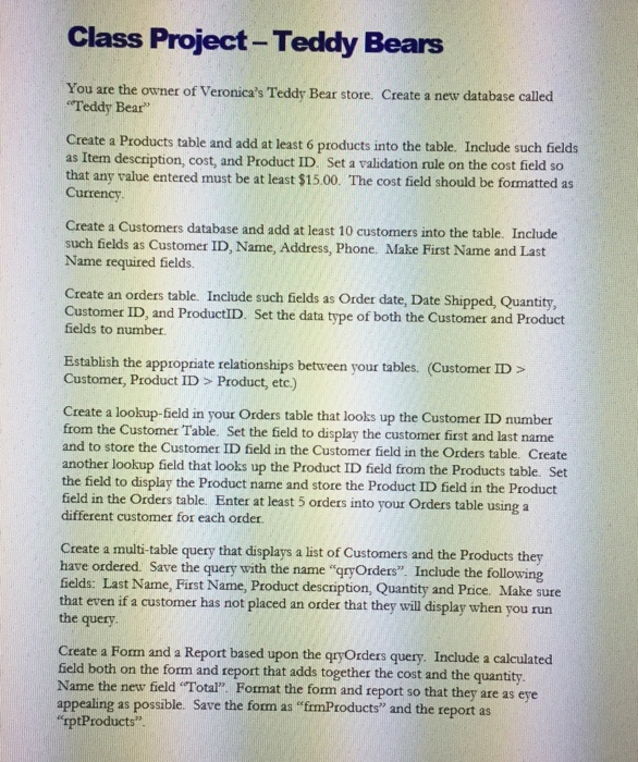 Class Project-Teddy Bears You are the owner of | Chegg.com