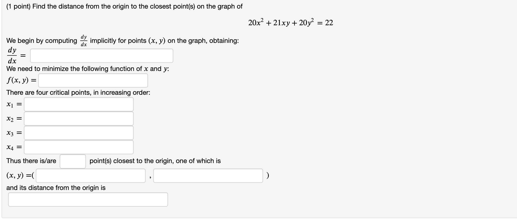 Solved (1 point) Find the distance from the origin to the | Chegg.com