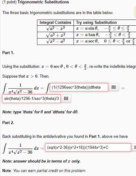Solved (1 point) Trigonometric Substitutions The three basic | Chegg.com