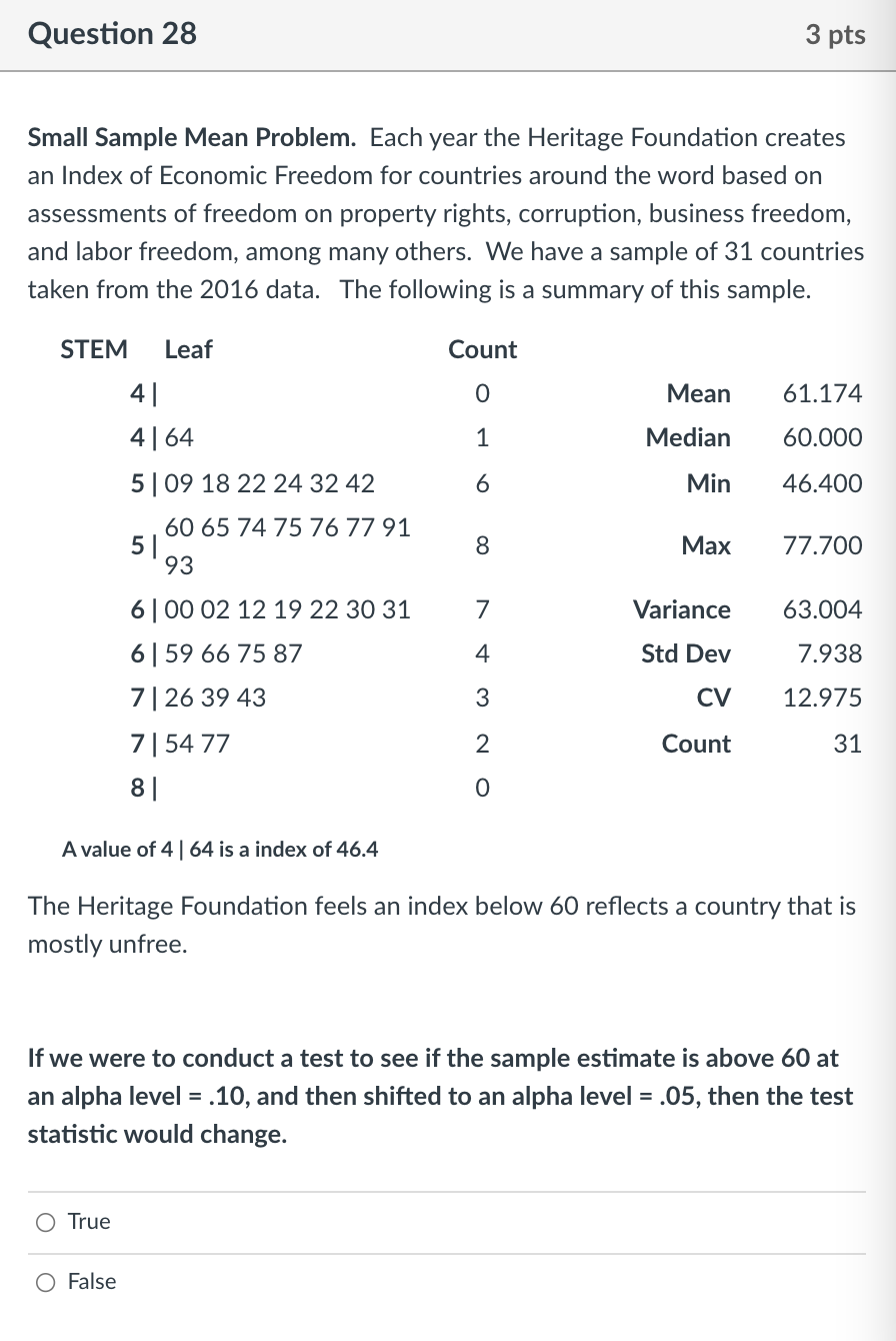 Solved Question 31 3 pts Small Sample Mean Problem. A study | Chegg.com