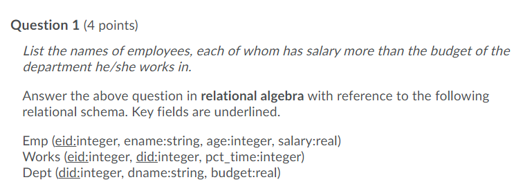 Solved Question 1 (4 points) List the names of employees, | Chegg.com