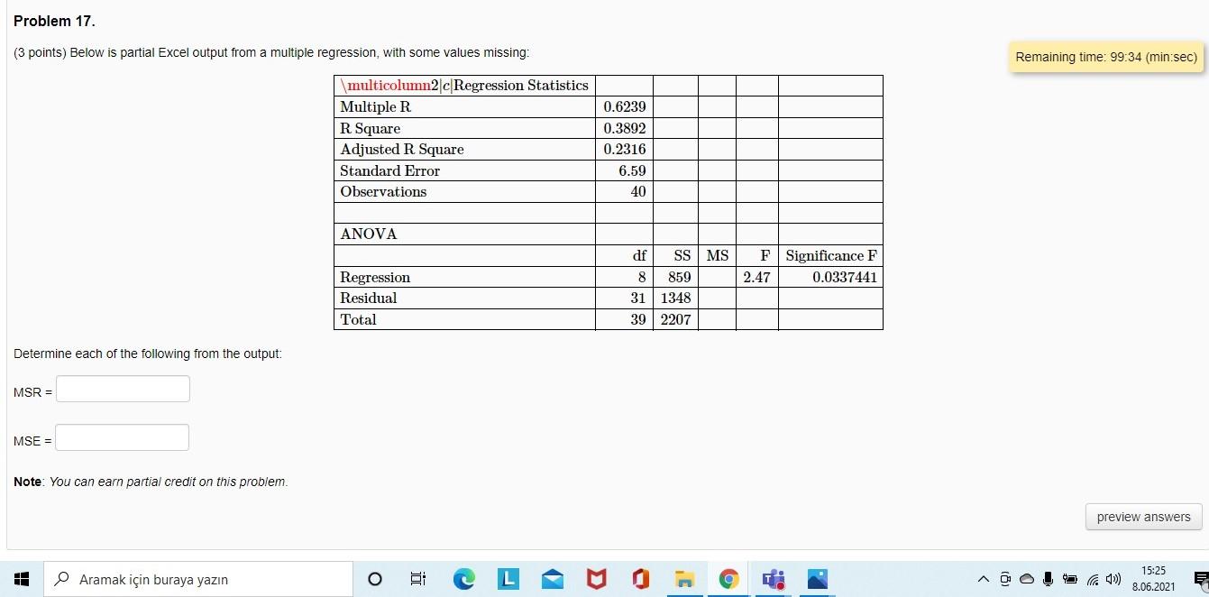 Solved Problem 17 3 Points Below Is Partial Excel Output 