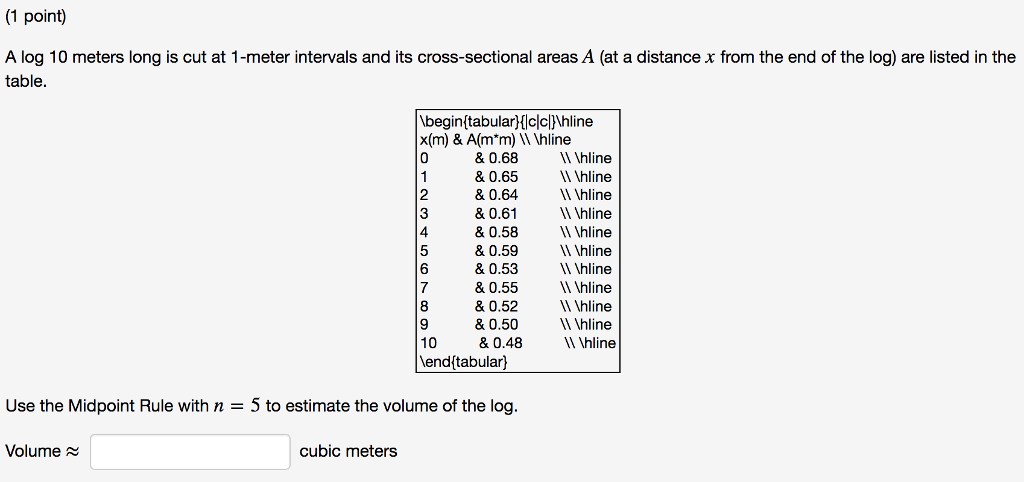 Solved (1 point) A log 10 meters long is cut at 1-meter | Chegg.com