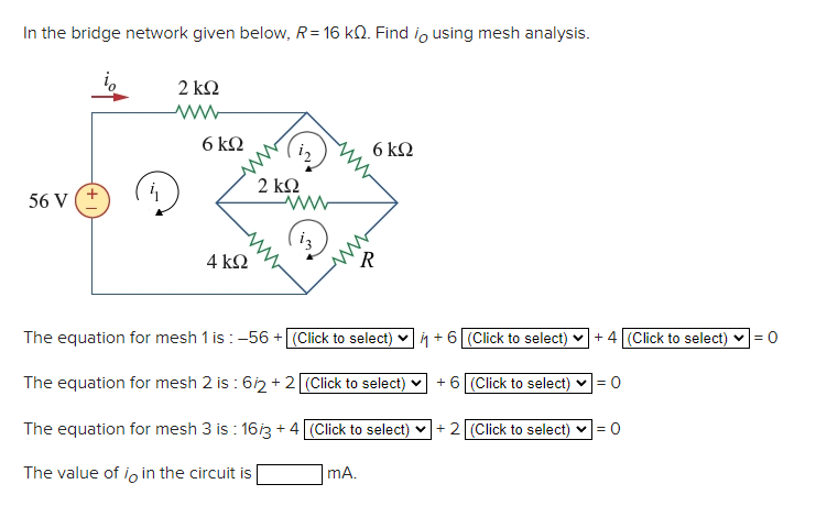 Solved In the bridge network given below, R=16kΩ. Find iO | Chegg.com