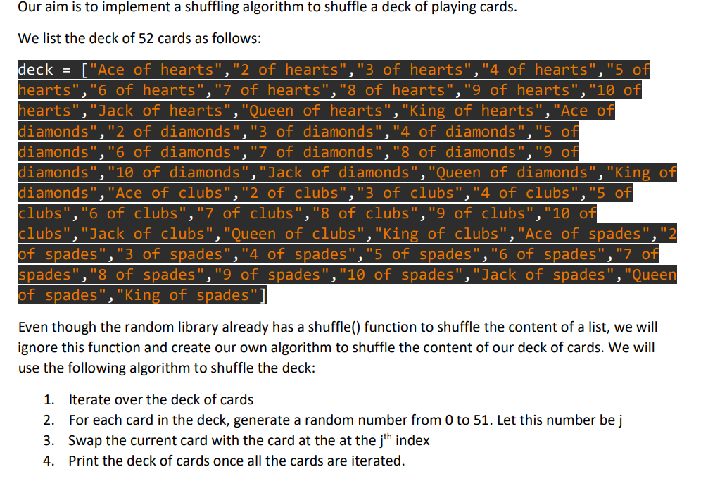 Solved Our aim is to implement a shuffling algorithm to | Chegg.com