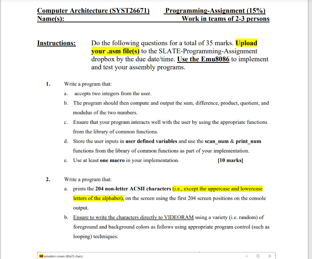 Solved Computer Architecture (SYST26671) Name(s): | Chegg.com