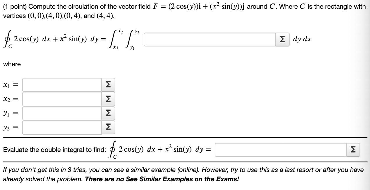 Solved (1 point) Compute the circulation of the vector field | Chegg.com