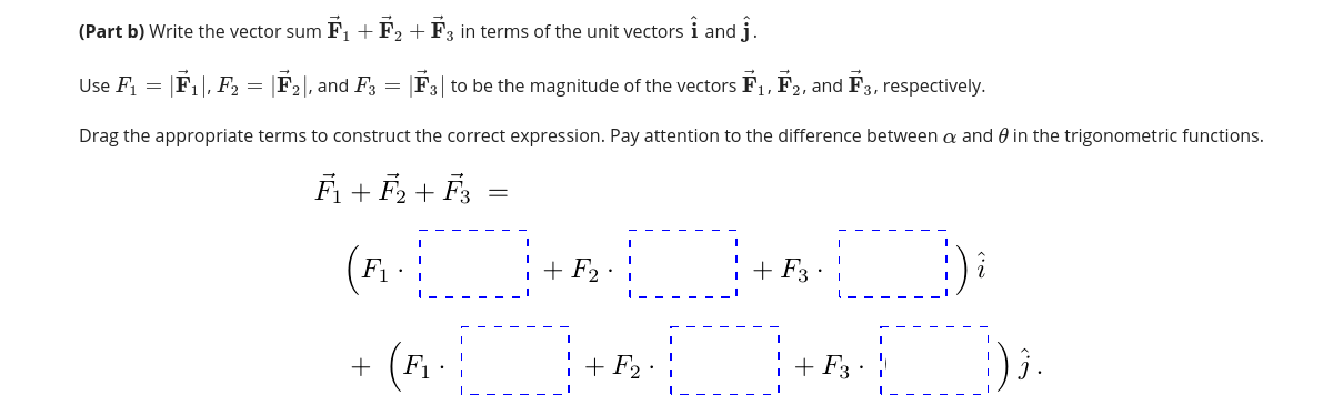 Solved (Part b) Write the vector sum F1+F2 +F3 in terms of | Chegg.com