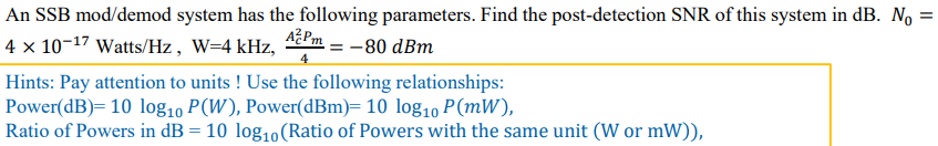 Solved An SSB mod/demod system has the following parameters. | Chegg.com