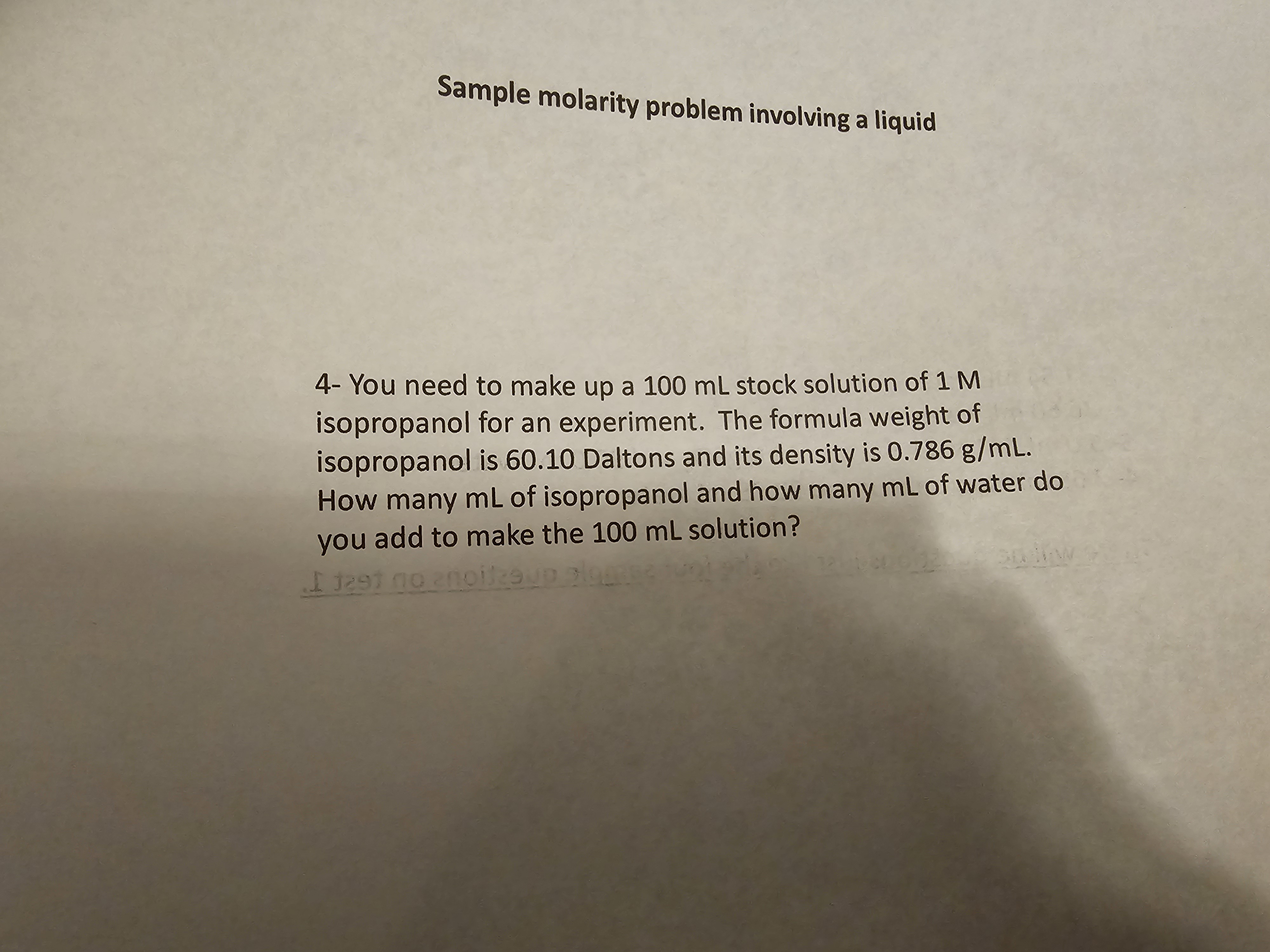 Solved Sample molarity problem involving a liquid\\n4- You | Chegg.com