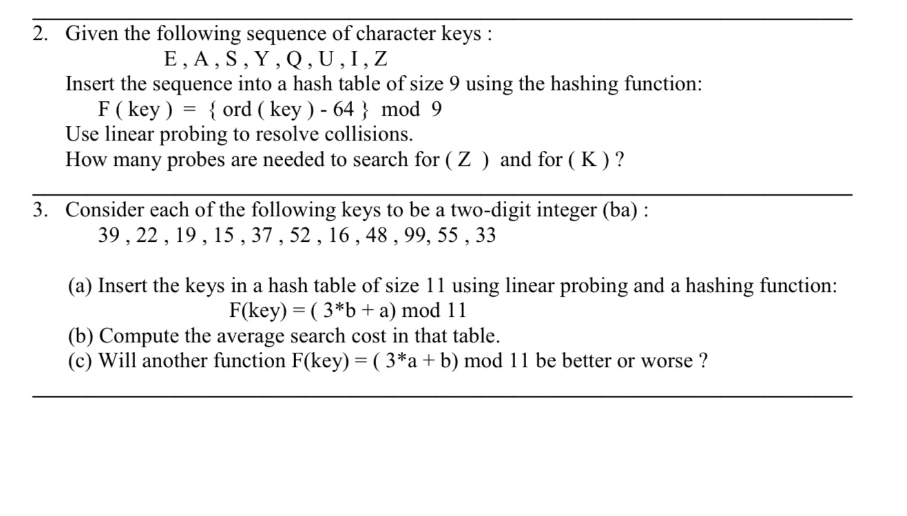 Solved 2. Given the following sequence of character keys : E | Chegg.com