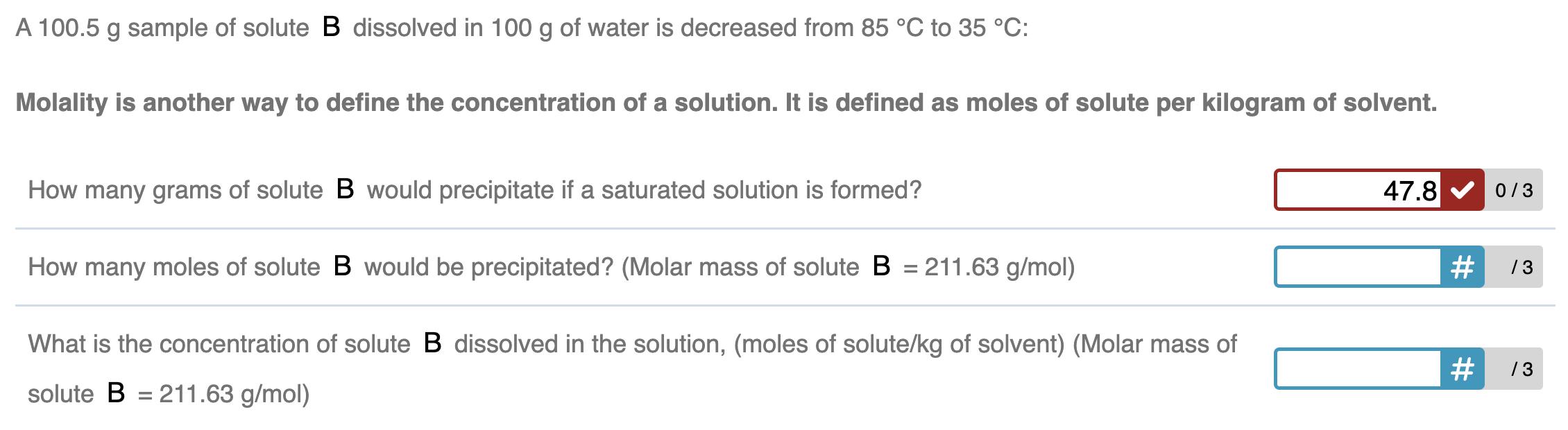 Solved A 100.5 g sample of solute B dissolved in 100 g of | Chegg.com