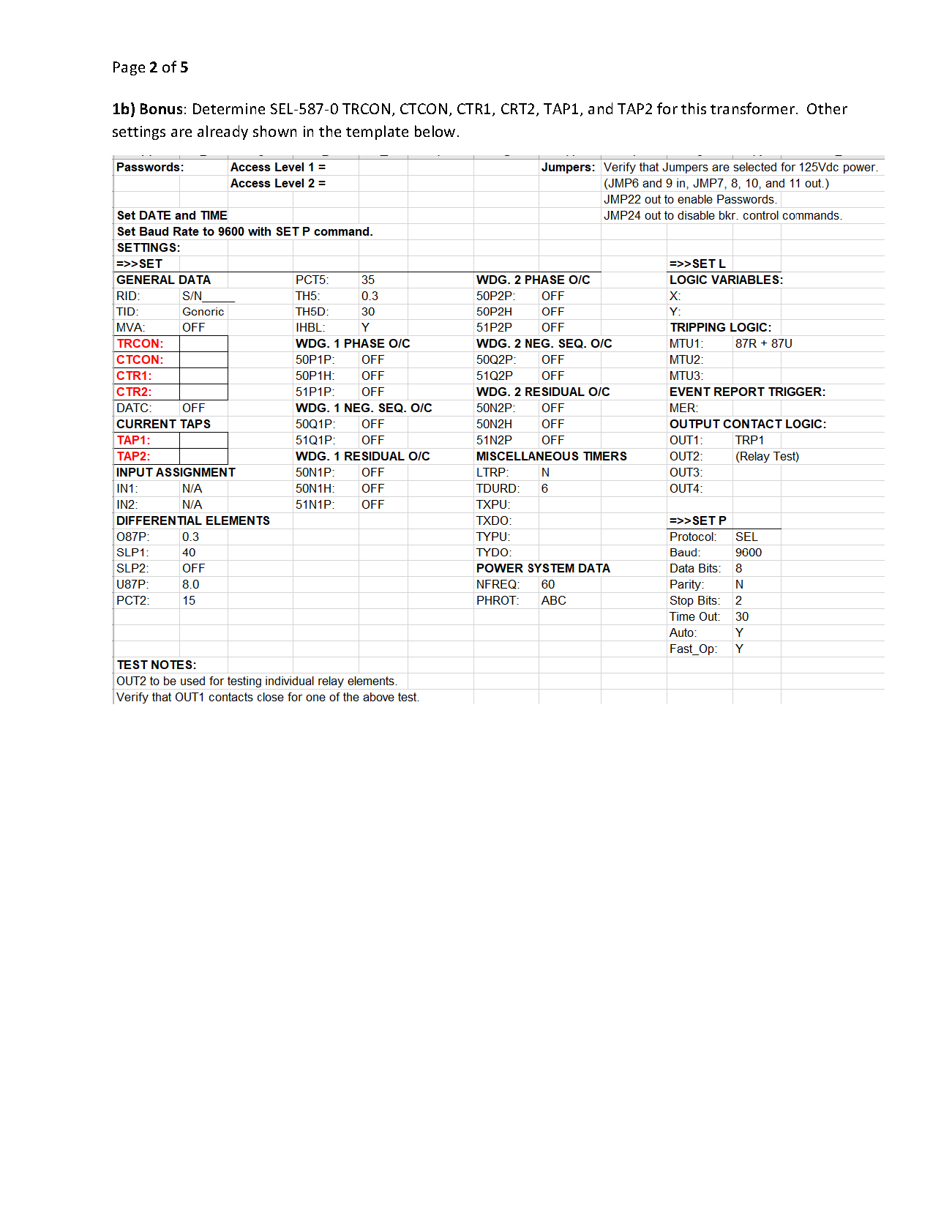 Page 1 of 5 1) Set transformer differential relay. | Chegg.com