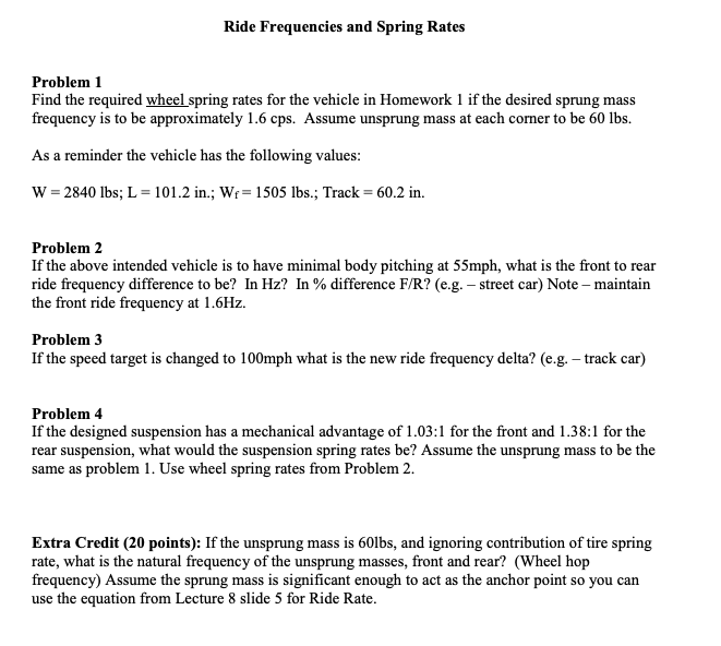 Ride Frequencies and Spring Rates Problem 1 Find the | Chegg.com