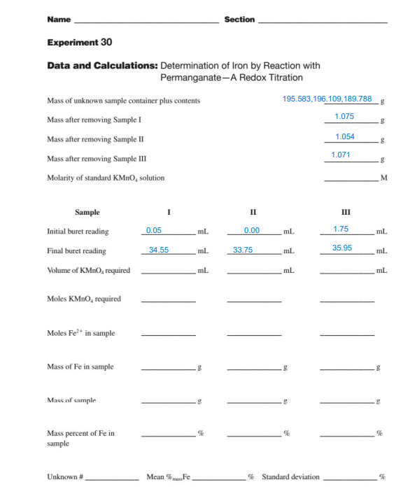 Solved Name Section Experiment 30 Data and Calculations: | Chegg.com