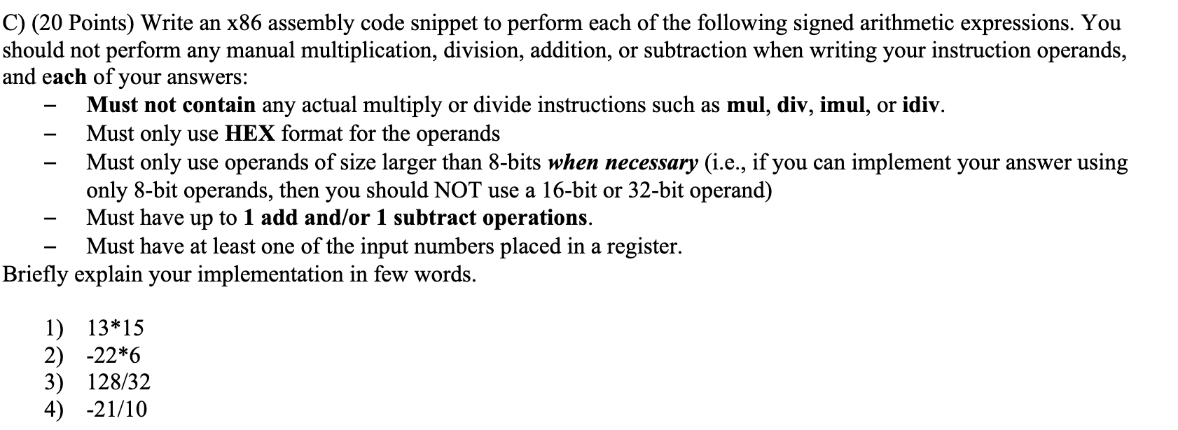C) (20 Points) Write an x86 assembly code snippet to | Chegg.com