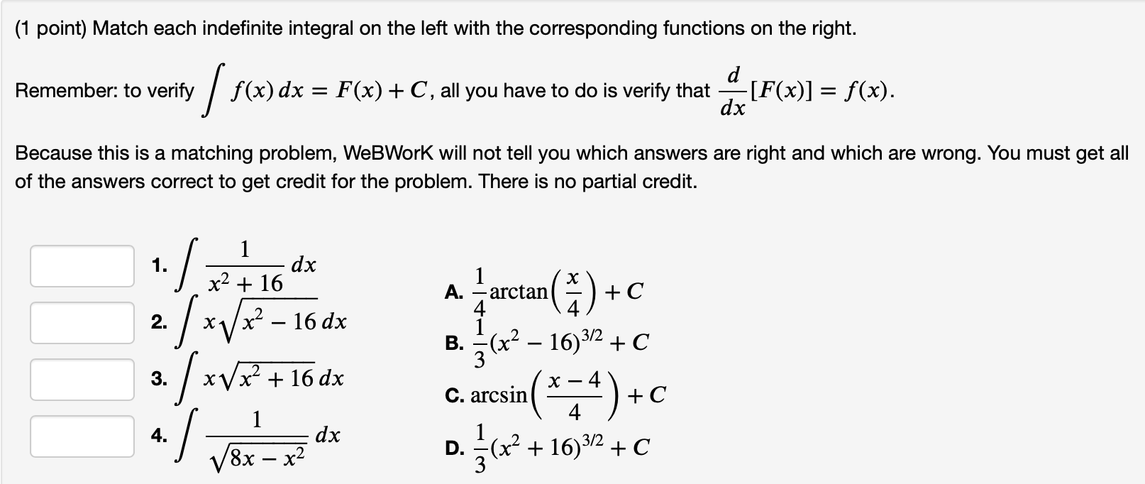 Solved (1 point) Match each indefinite integral on the left | Chegg.com