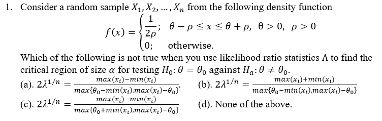 Solved 1. Consider a random sample X1, X2, ..., Xn from the | Chegg.com