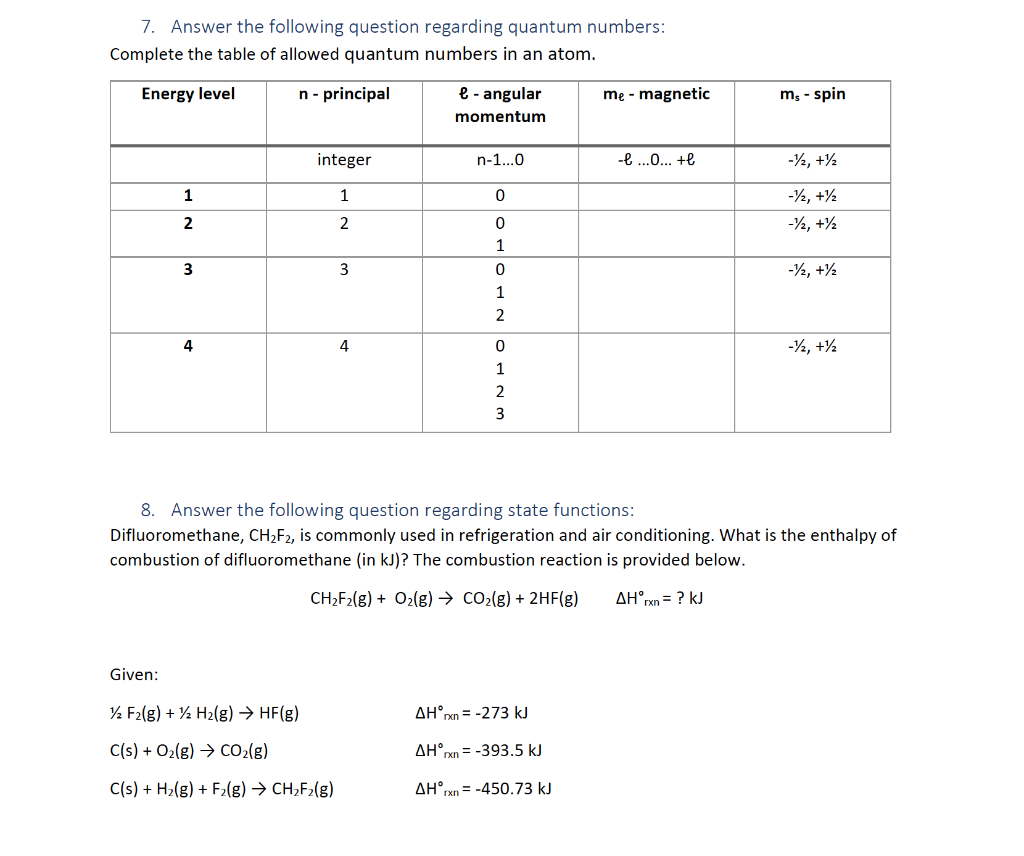 Solved 7. Answer the following question regarding quantum | Chegg.com