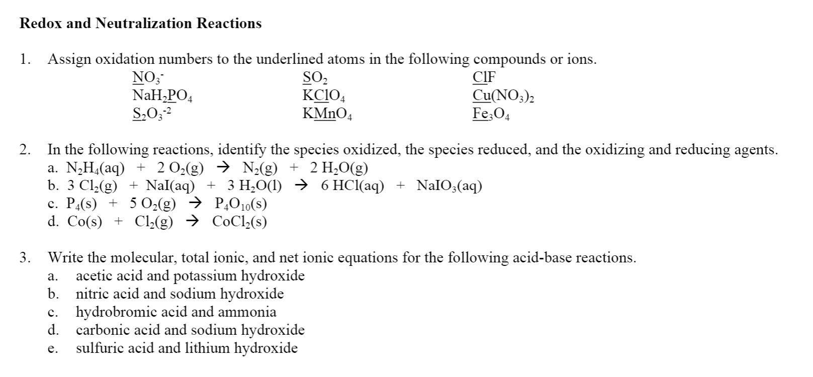Solved Redox and Neutralization Reactions 1. Assign | Chegg.com