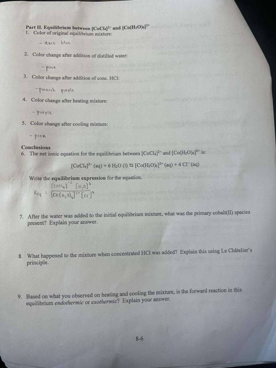Solved Part II. Equilibrium between [CoCl4]2− and | Chegg.com