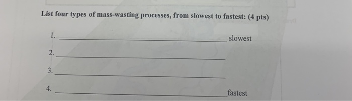 Solved List four types of mass-wasting processes, from | Chegg.com