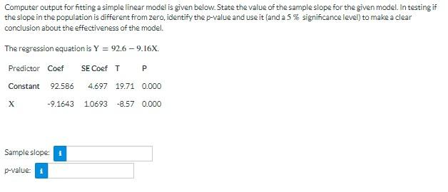 Solved Computer output for fitting a simple linear model is | Chegg.com