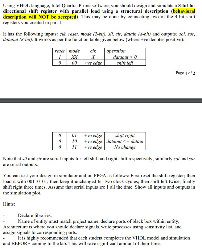 Solved Using VHDL language, Intel Quartus Prime software, | Chegg.com