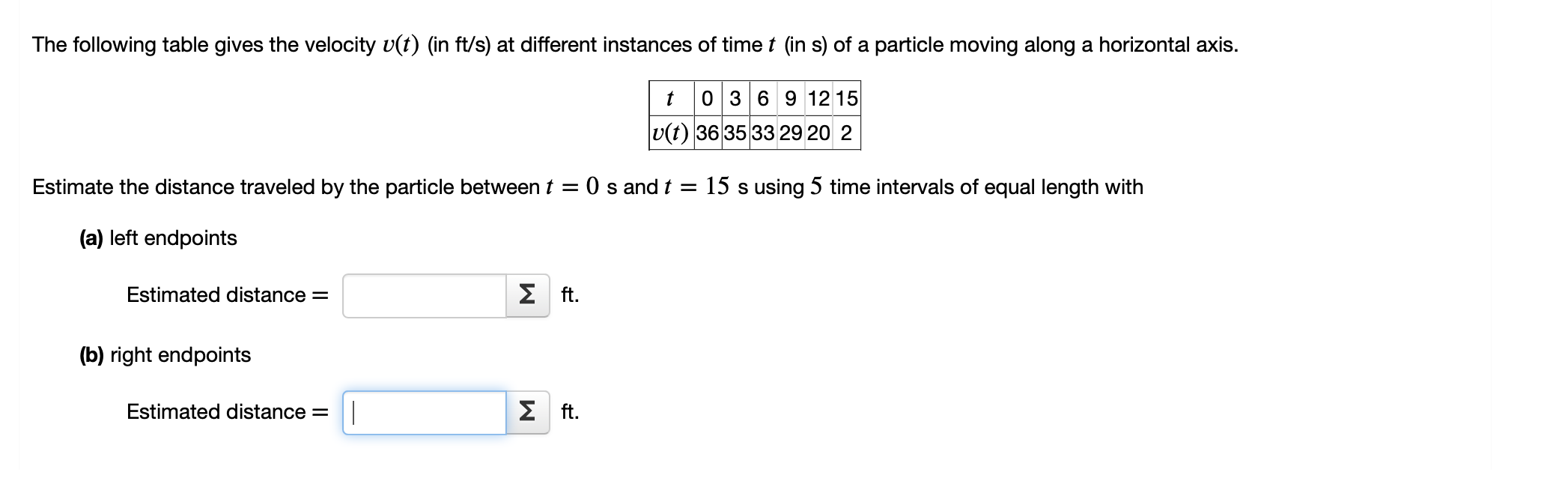 Solved The Following Table Gives The Velocity V T In Ft S