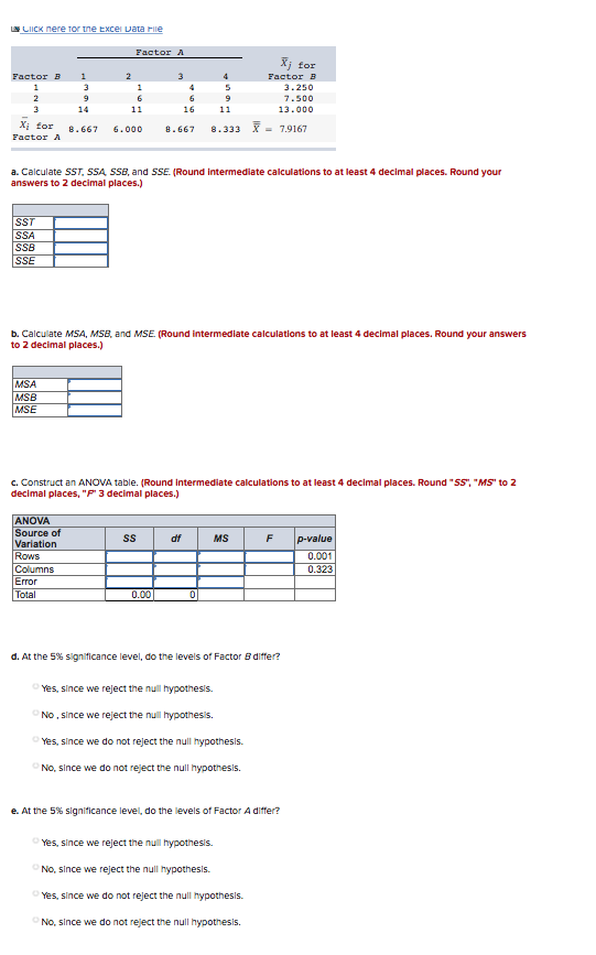 Solved LIICK nere Tor the Excel Data File Factor A Factor B | Chegg.com