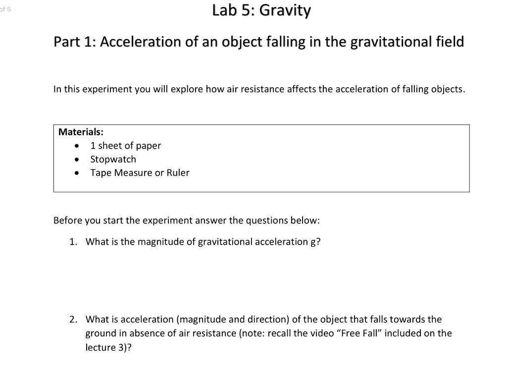 Solved of 5 Lab 5: Gravity Part 1: Acceleration of an object | Chegg.com