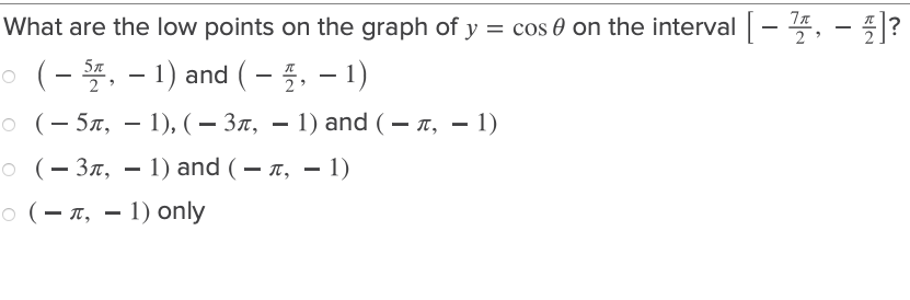 Solved What are the low points on the graph of y=cosθ ﻿on | Chegg.com